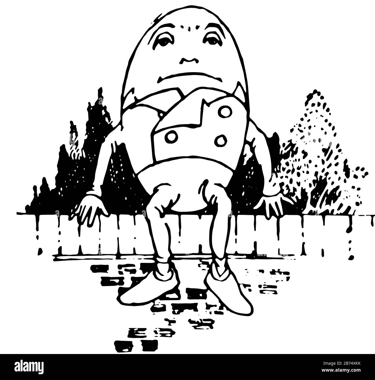 Humpty Dumpty, this scene shows an egg with legs and hands sitting on ...