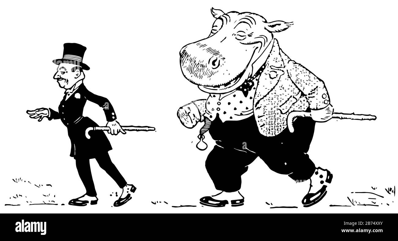 Hippopotamus, this scene shows a man wore suit and holding stick, and a ...