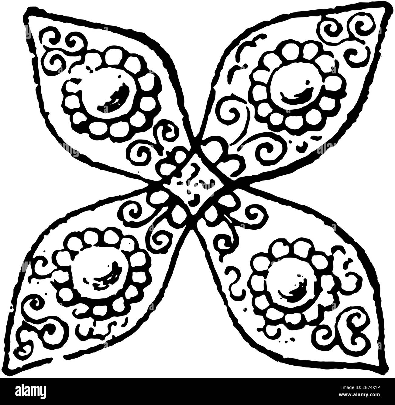 Cross of thin gold work formed of four leaves, vintage line drawing or ...