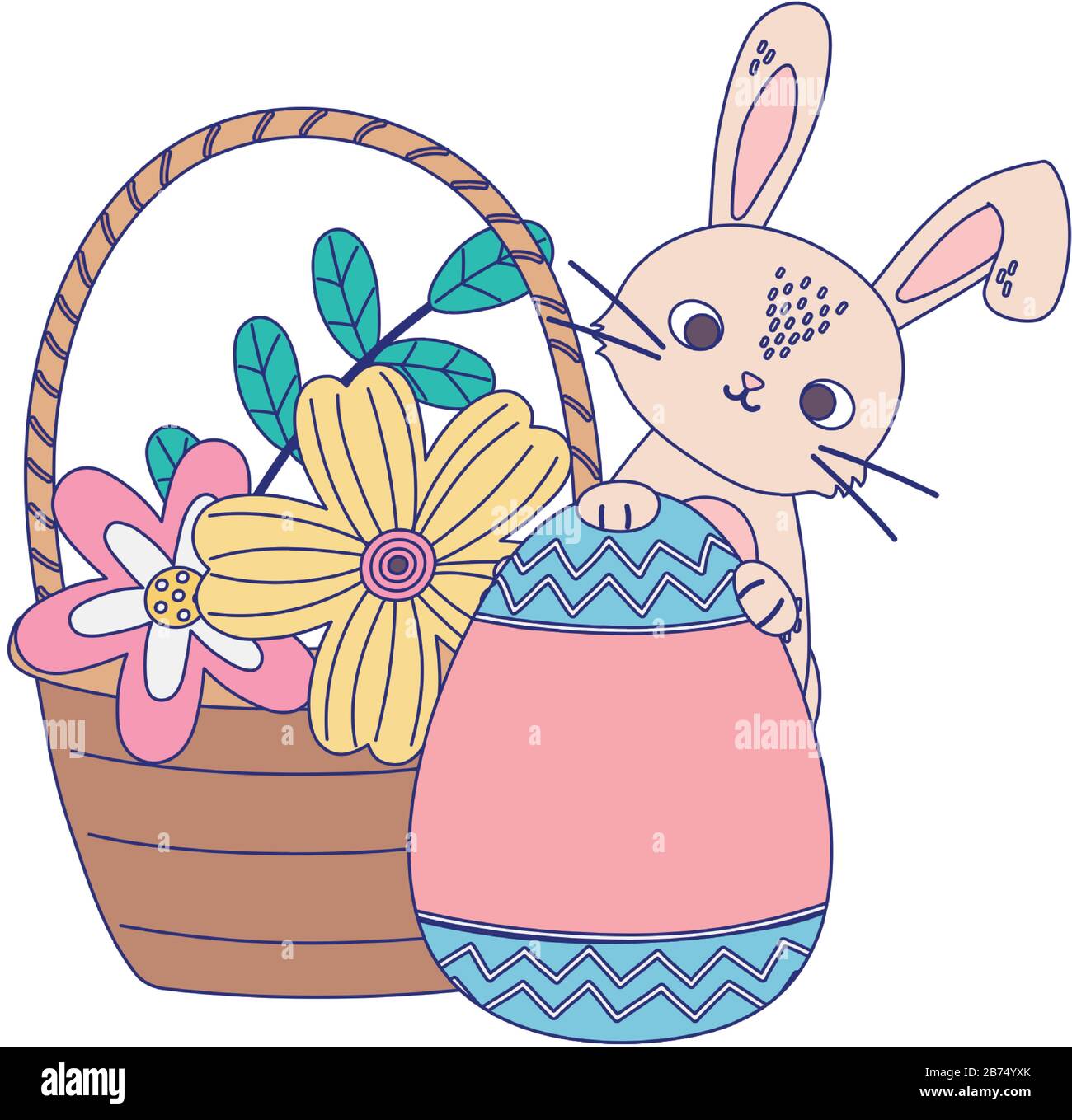 happy easter day, rabbit with painted egg flowers in basket decoration ...