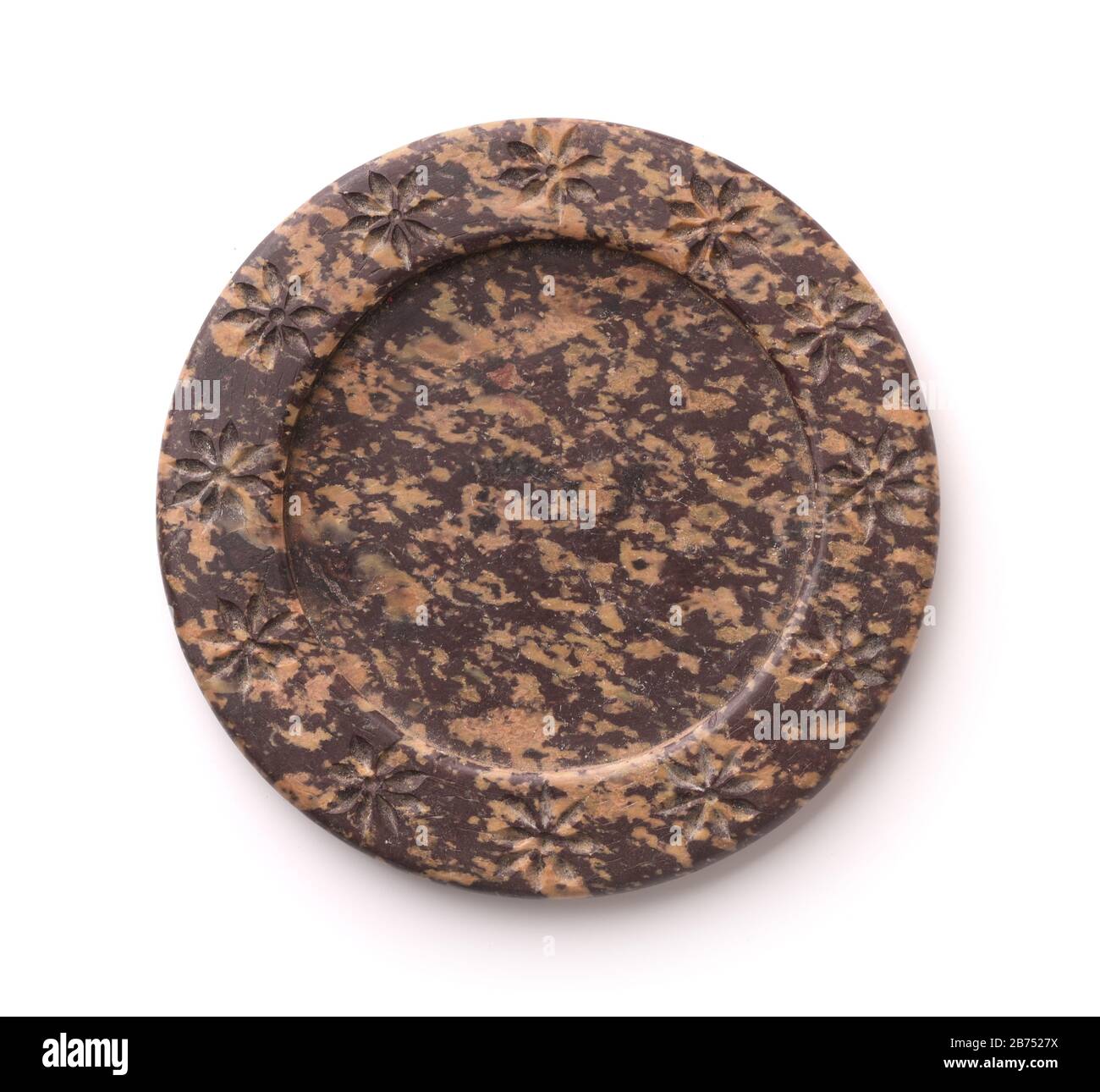 Top view of empty rustic black stone plate isolated on white Stock ...