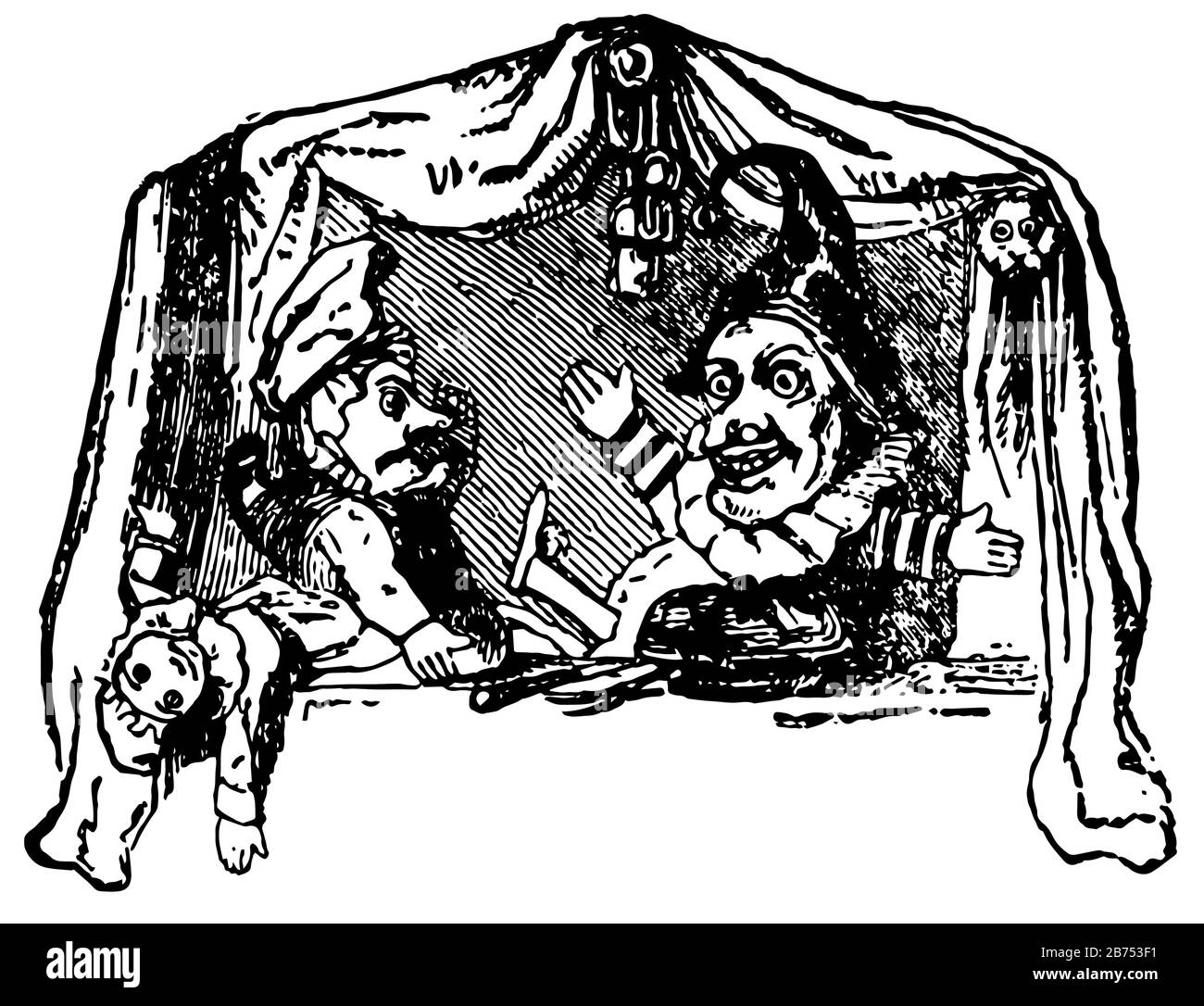 Puppets are sitting in this picture, vintage line drawing or engraving ...