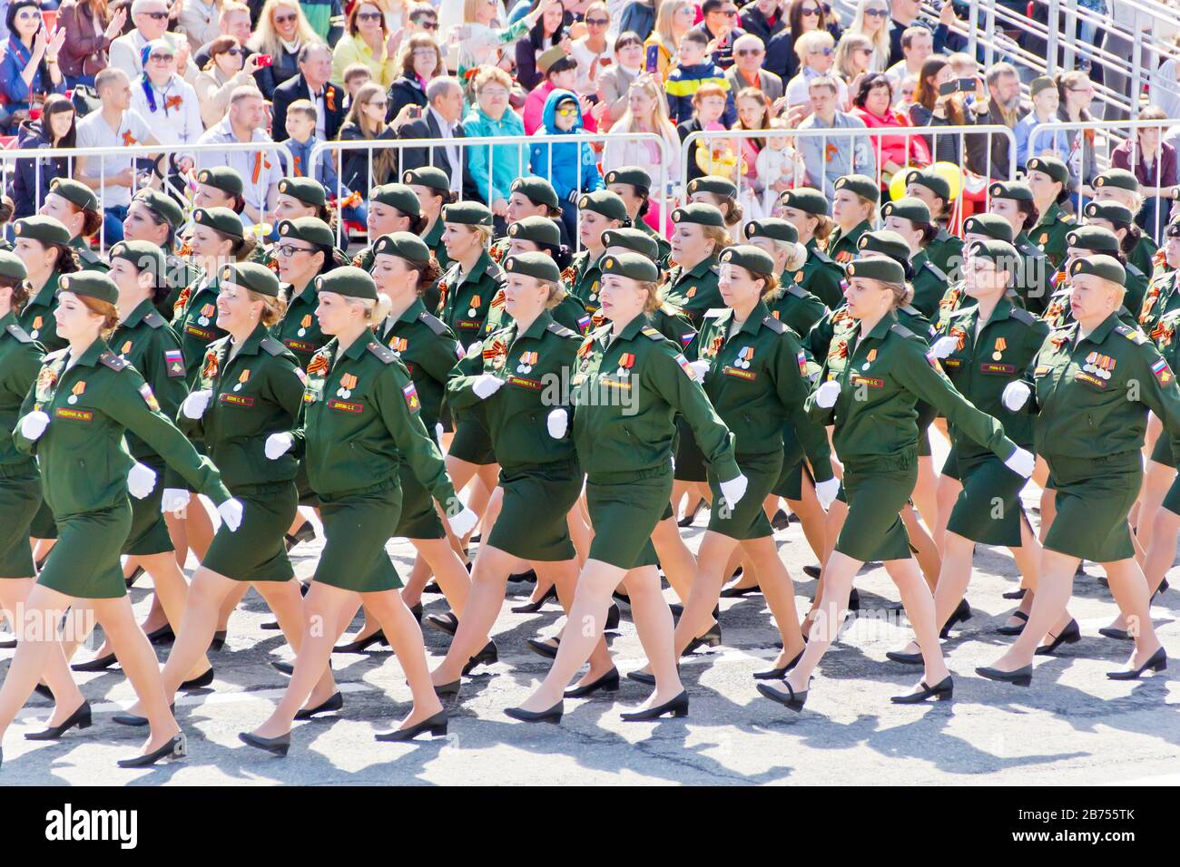 SAMARA, RUSSIA - MAY 9, 2016: Russian military women are marching at ...
