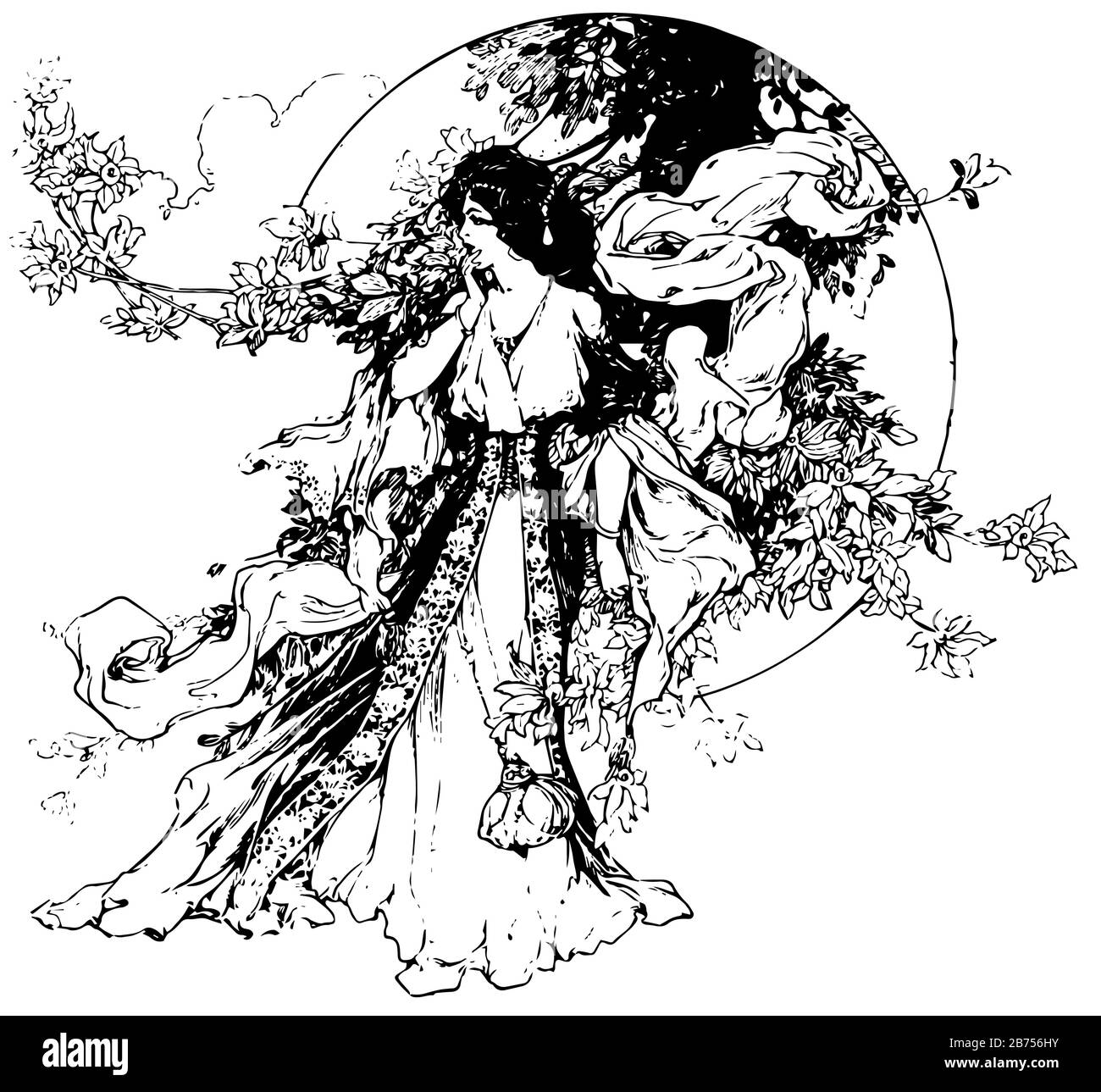 A female standing near tree and looking at something, vintage line ...