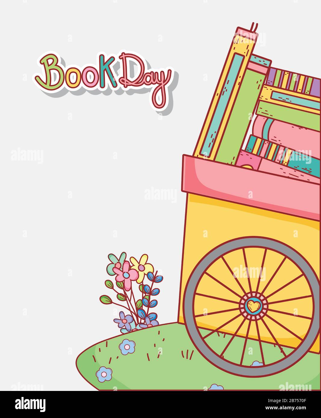 handcart stacked books in grass with flowers cartoon vector ...
