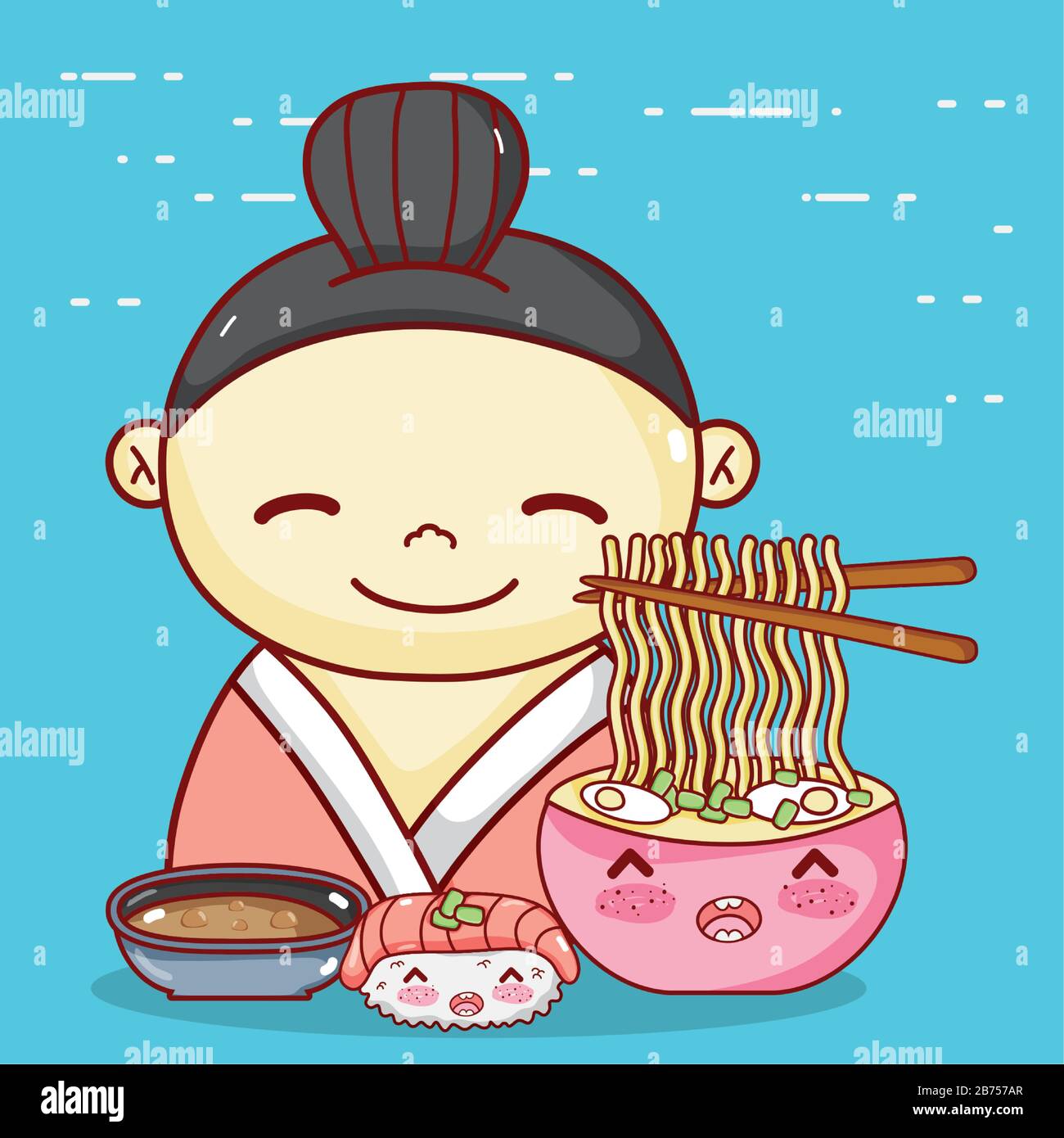 geisha with noodles soup sushiand sauce food japanese cartoon vector ...