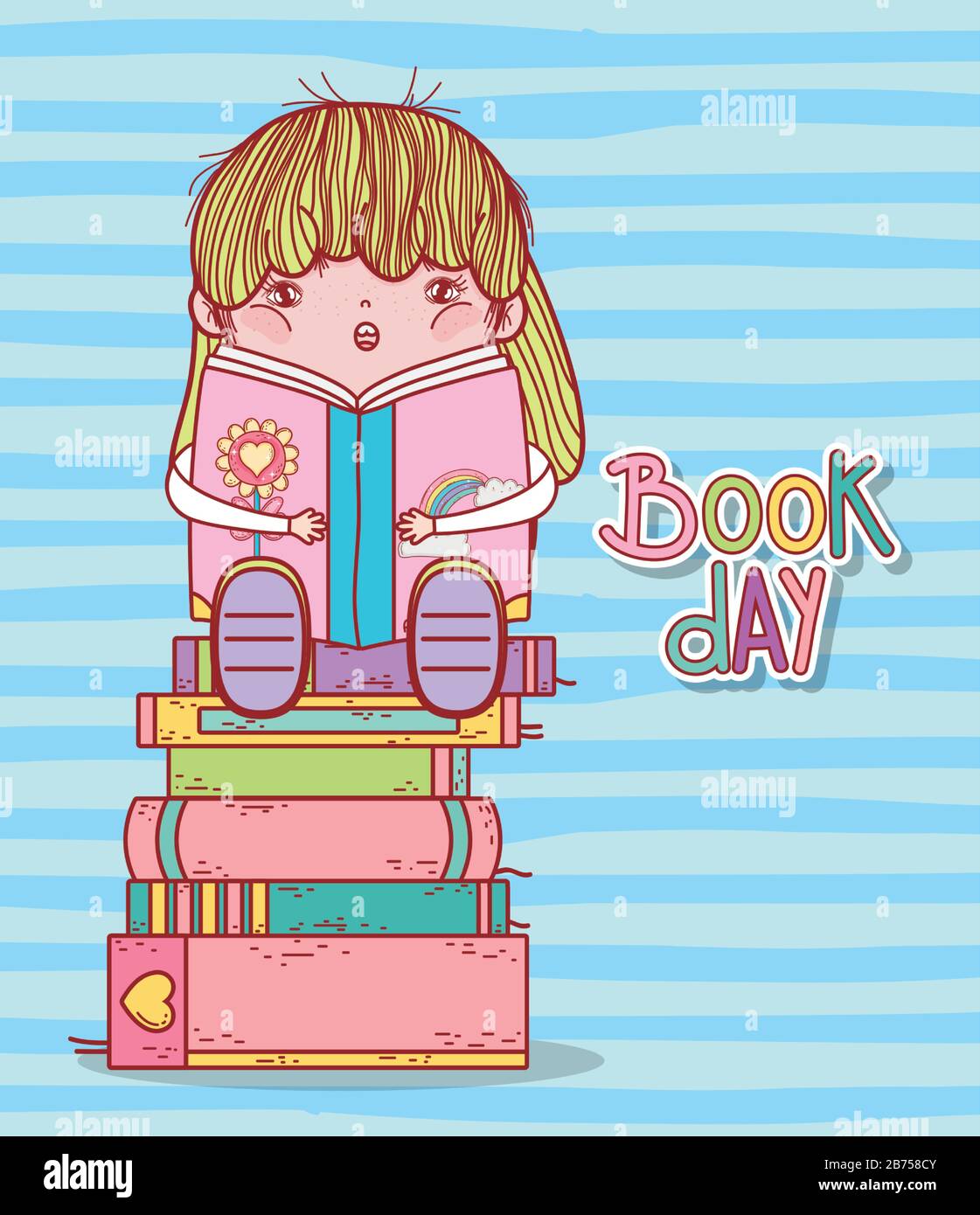 little girl reading book in stacked books cartoon striped background ...