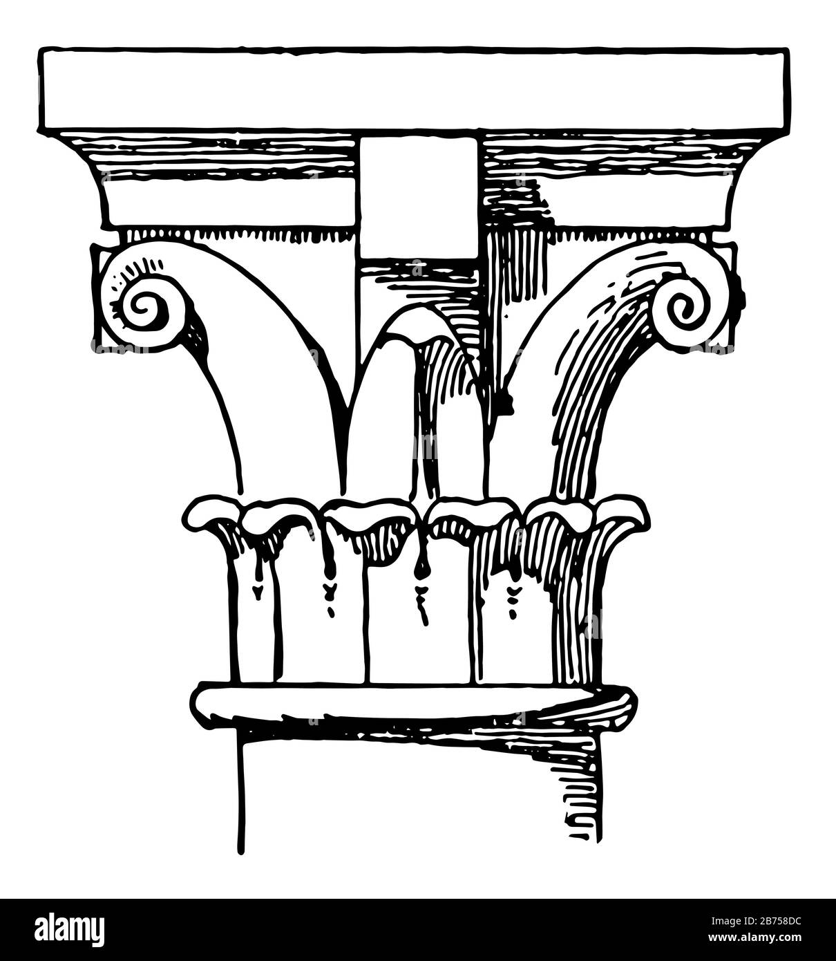 Capital, leaves, generally, carved, two, ranks, bands, vintage line ...