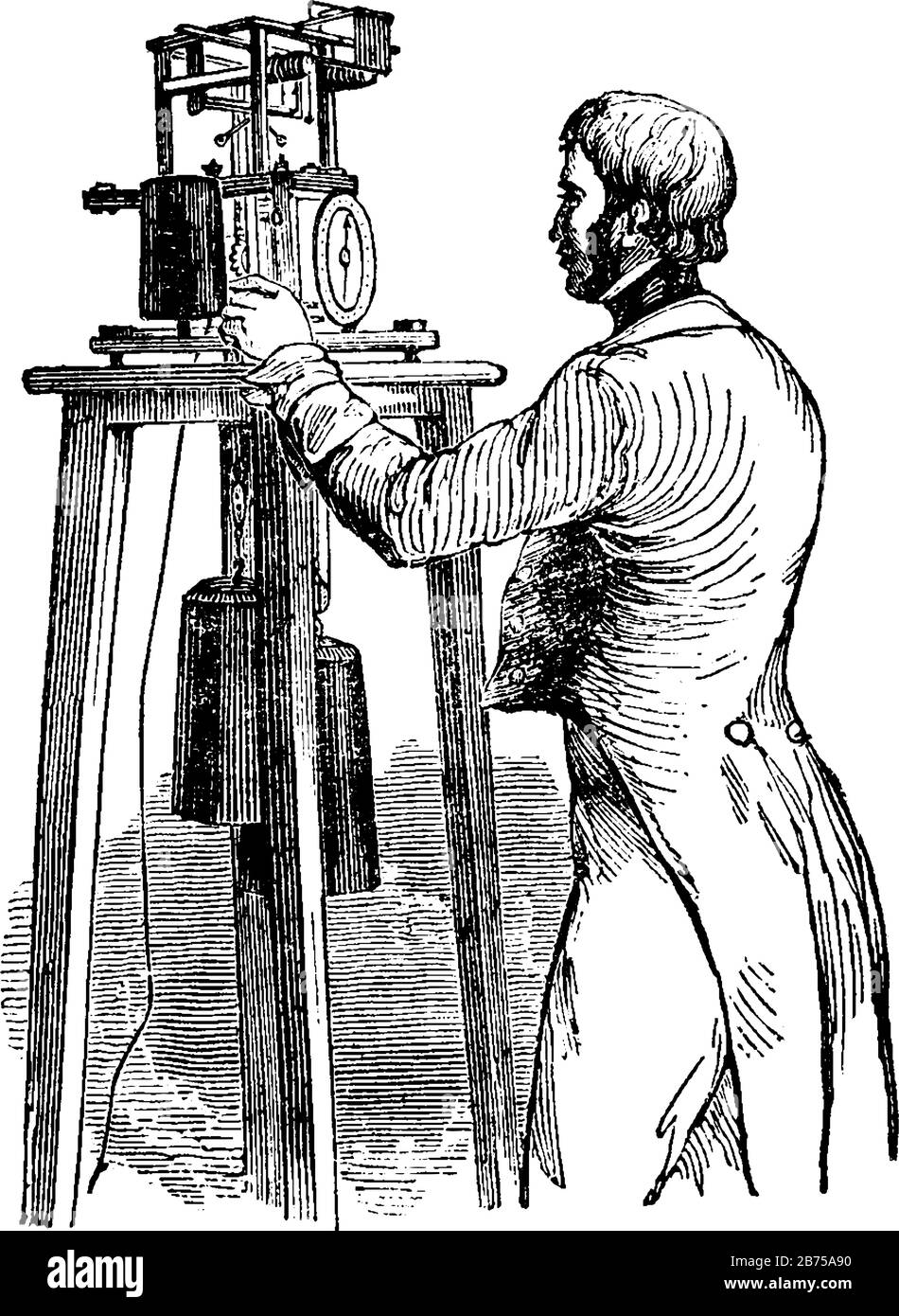 This illustration represents A man operating a telegraph, vintage line ...