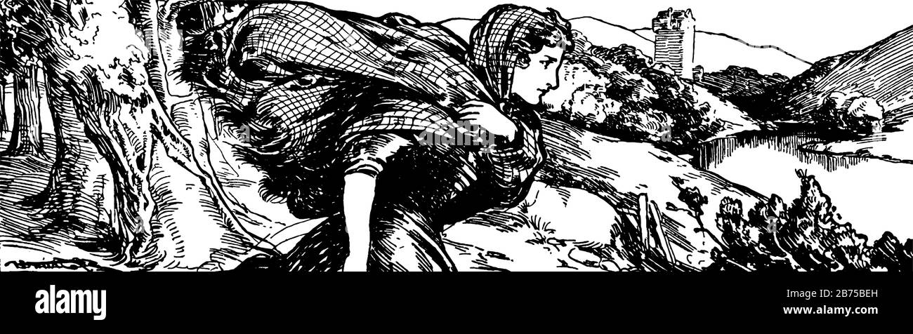 A woman going somewhere and trees in background, vintage line drawing ...