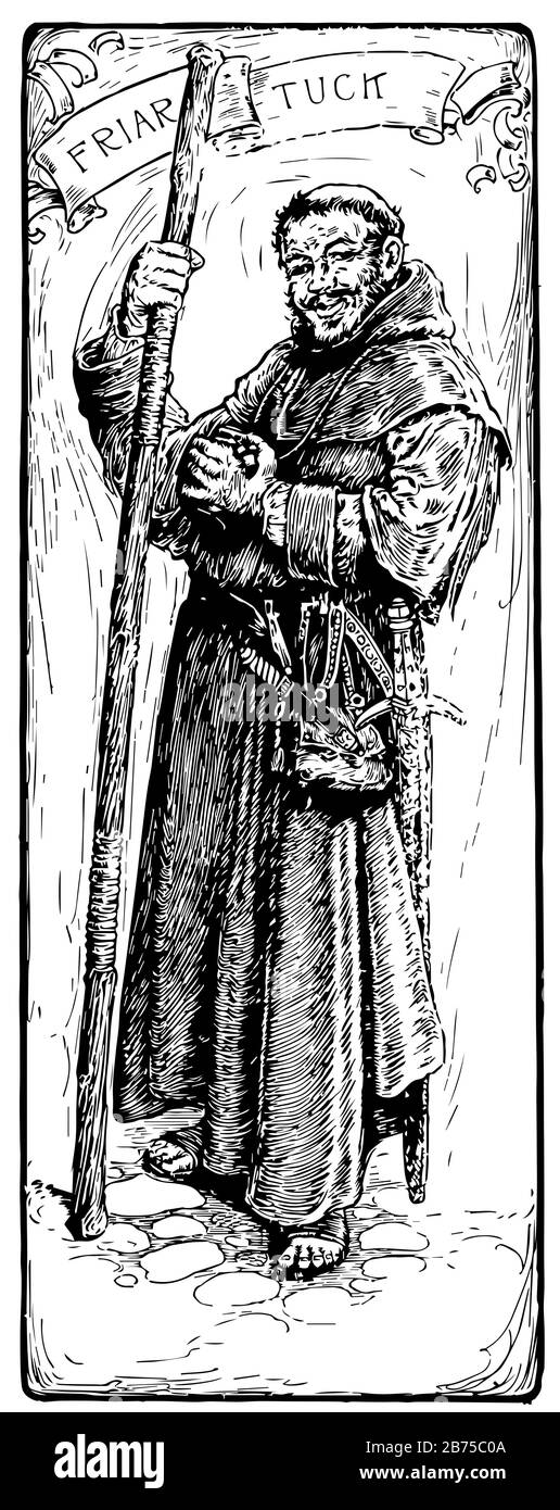 The priest holding staff, FRIAR TUCK written on top, vintage line ...