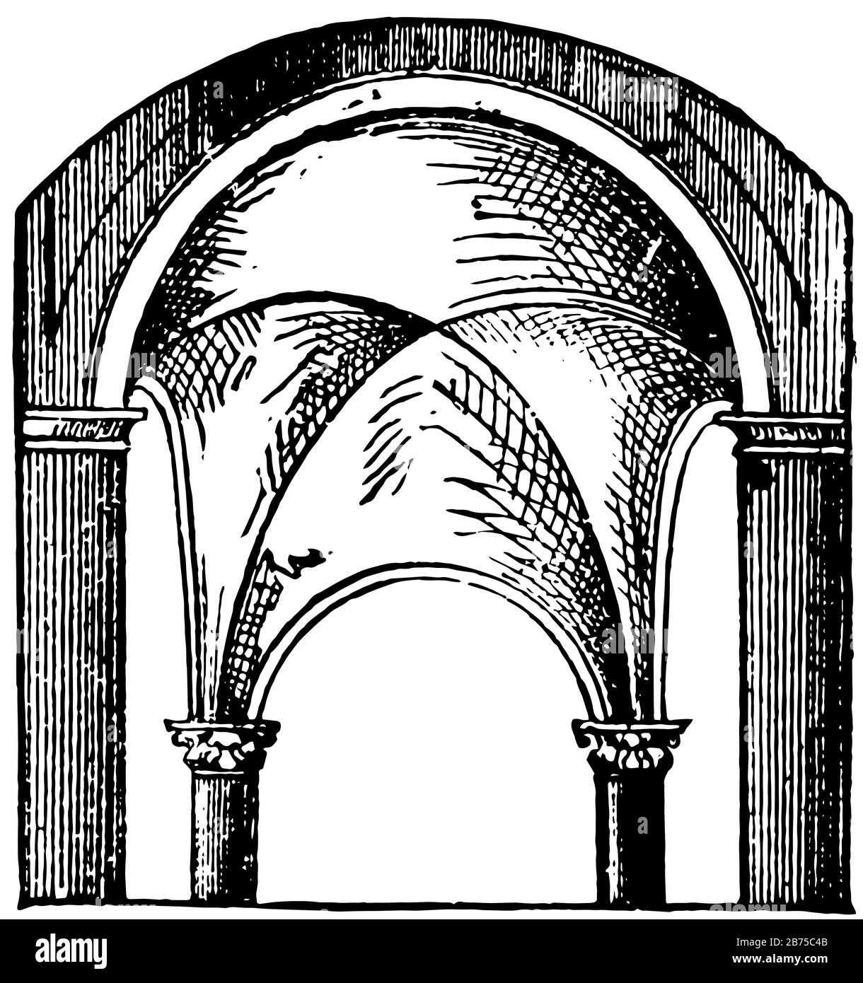 Groined-arch having an angular curve, groins or arises, abutted at its ...