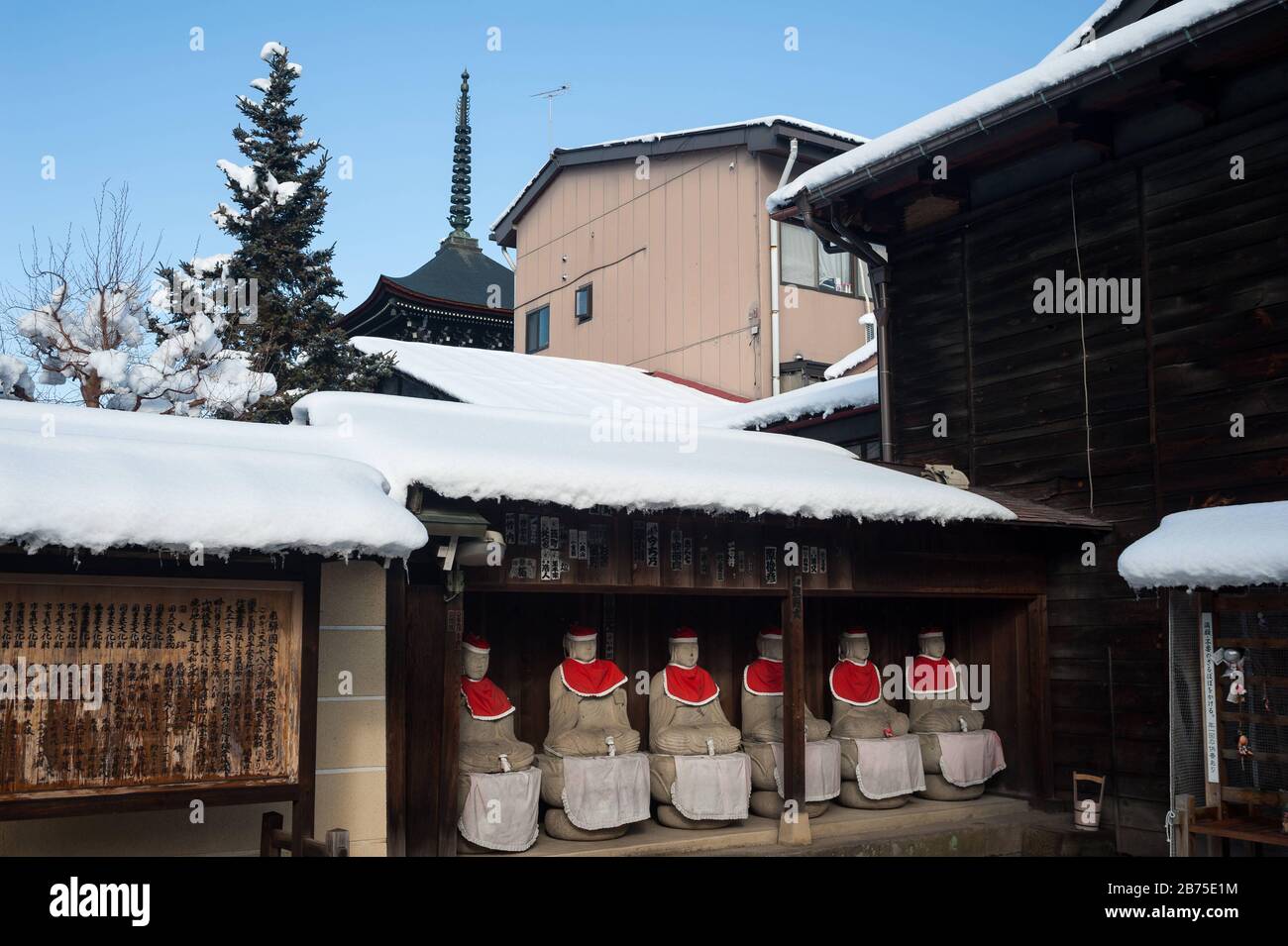 12/29/2017, Takayama, Gifu, Japan, Asia - A row of stone jizo statues ...