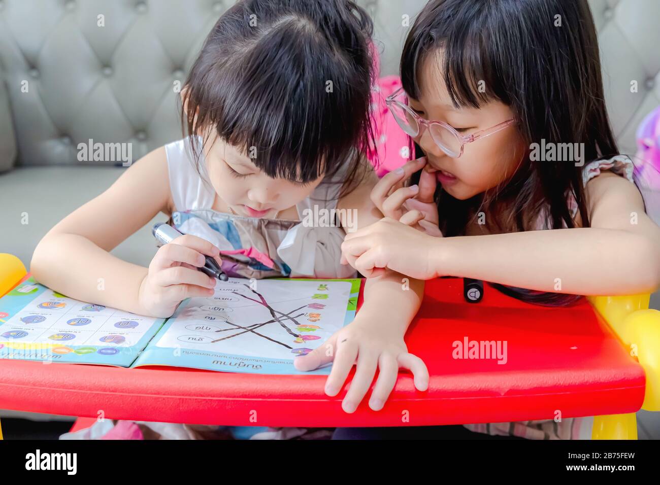 Kids Learning Study Girls Concept. education, family and learning ...