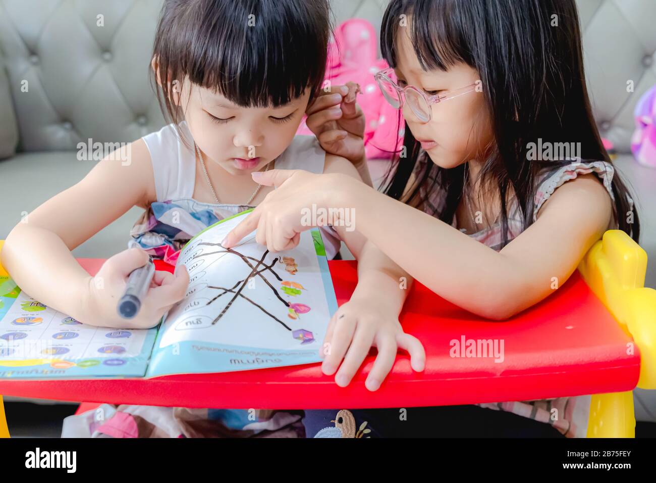 Kids Learning Study Girls Concept. education, family and learning ...