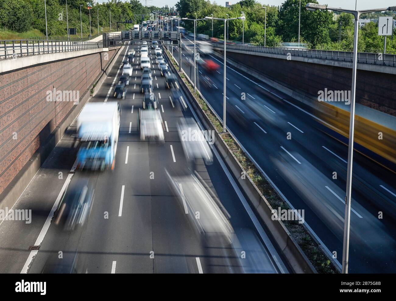 A long time exposure shows the heavily trafficked motorway A100 in ...