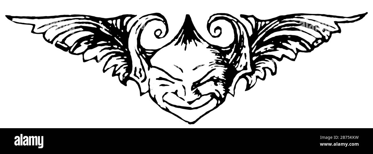 Grotesque face have a horror face in centre of two big leaves, vintage ...