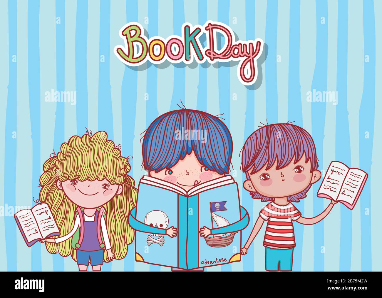 little boy with book pirates and kids open books stripes background ...