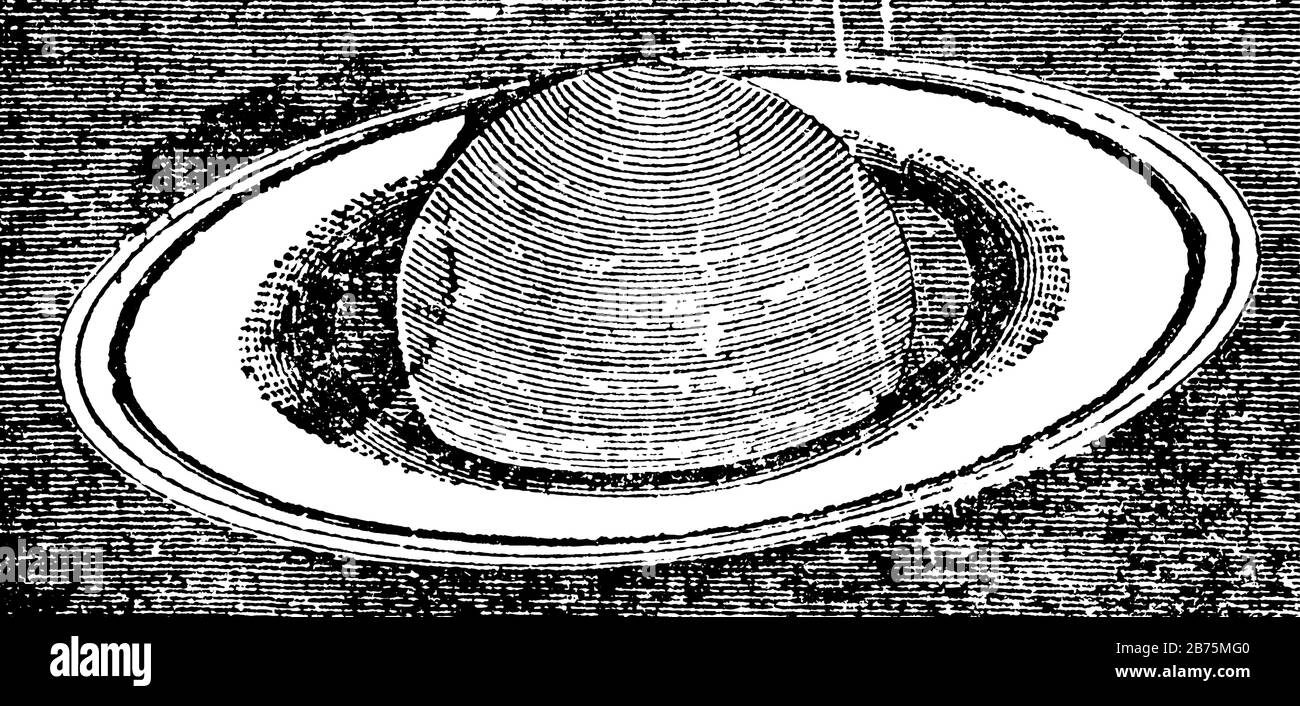 Saturn is second largest in solar system, vintage line drawing or ...