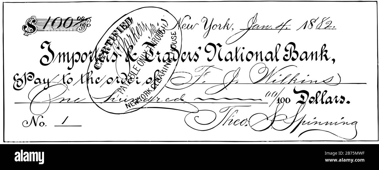 This illustration represents Check for 100 Dollars, vintage line ...
