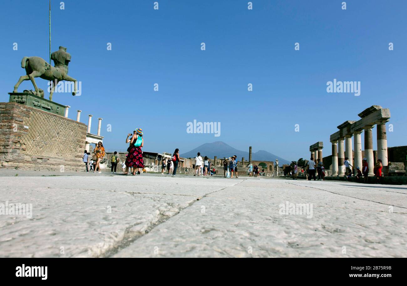 View of a square in the ancient city of Pompeii, In 79 A.D. a volcanic ...