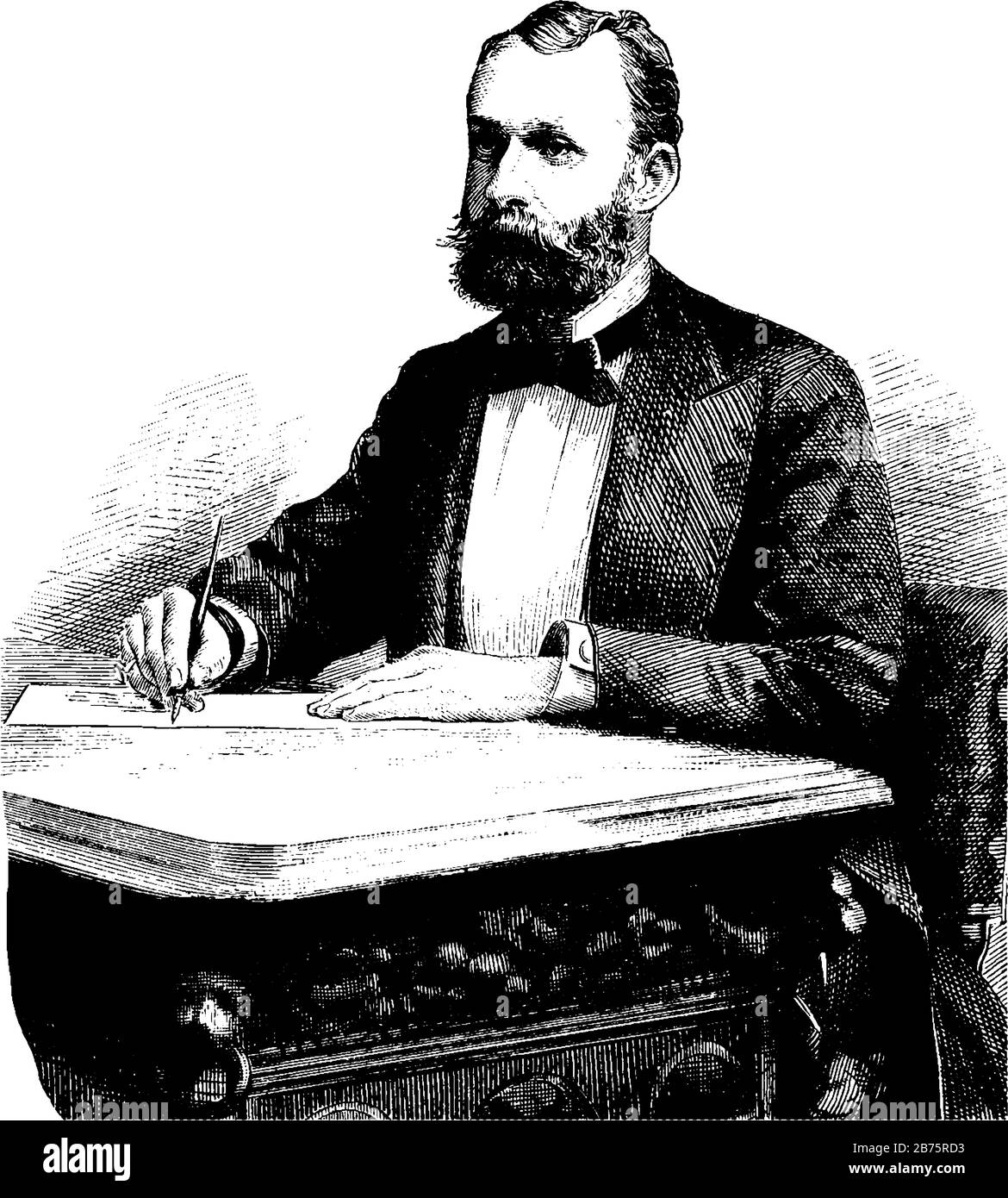 Man at writing desk or suit at writing desk, office and comfort ...