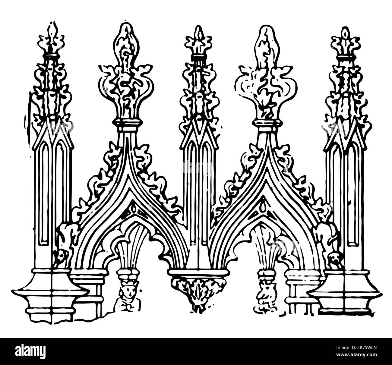 Crest, roofs, copes, battlements, tops, gables, vintage line drawing or ...