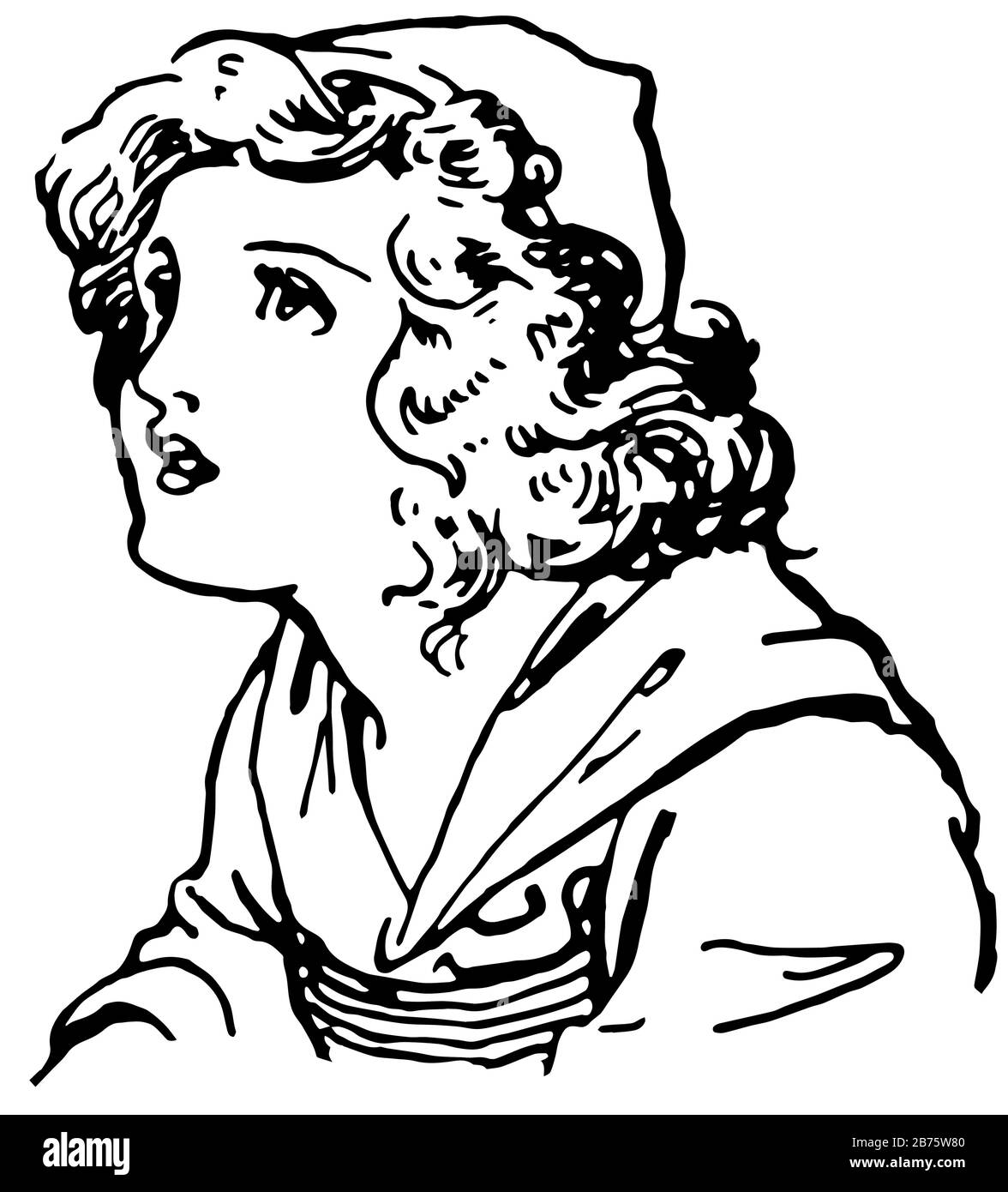 Young girl looking up and toward the left in this picture, vintage line ...
