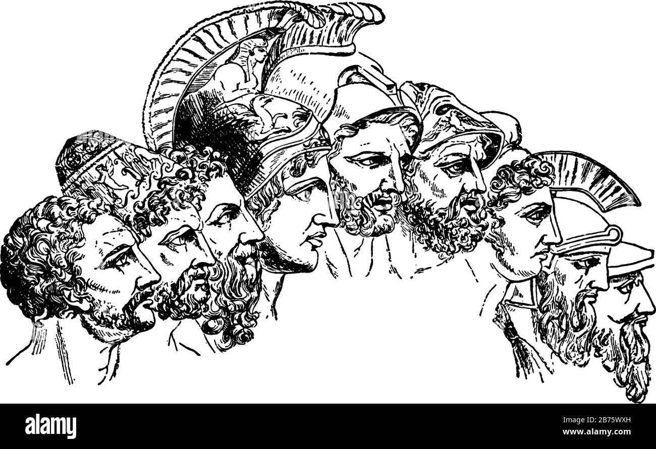 A banner of the faces of the heroes of the Trojan War, vintage line ...