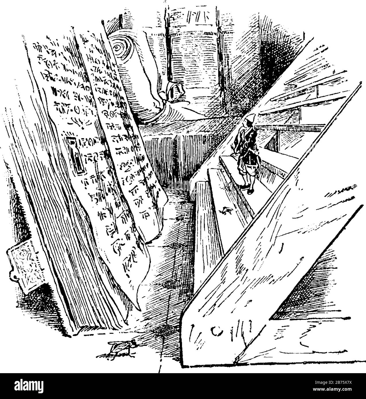 A little man standing on wooden steps reading giant book, vintage line ...