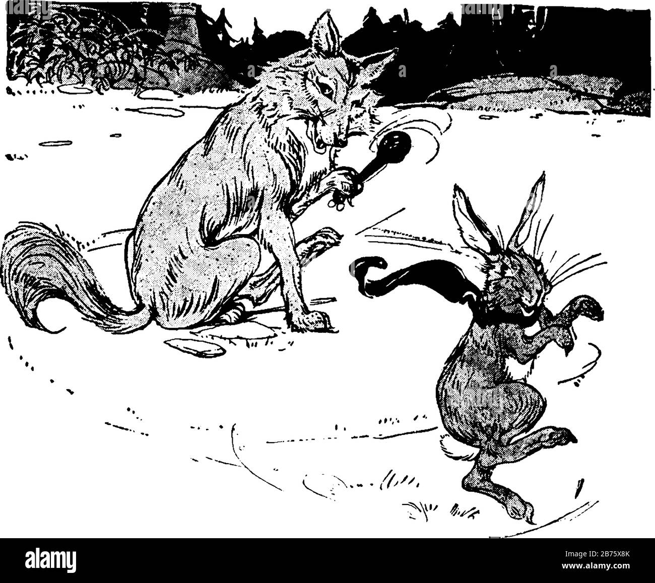 The wolf holding microphone and singing, a rabbit dancing around him ...