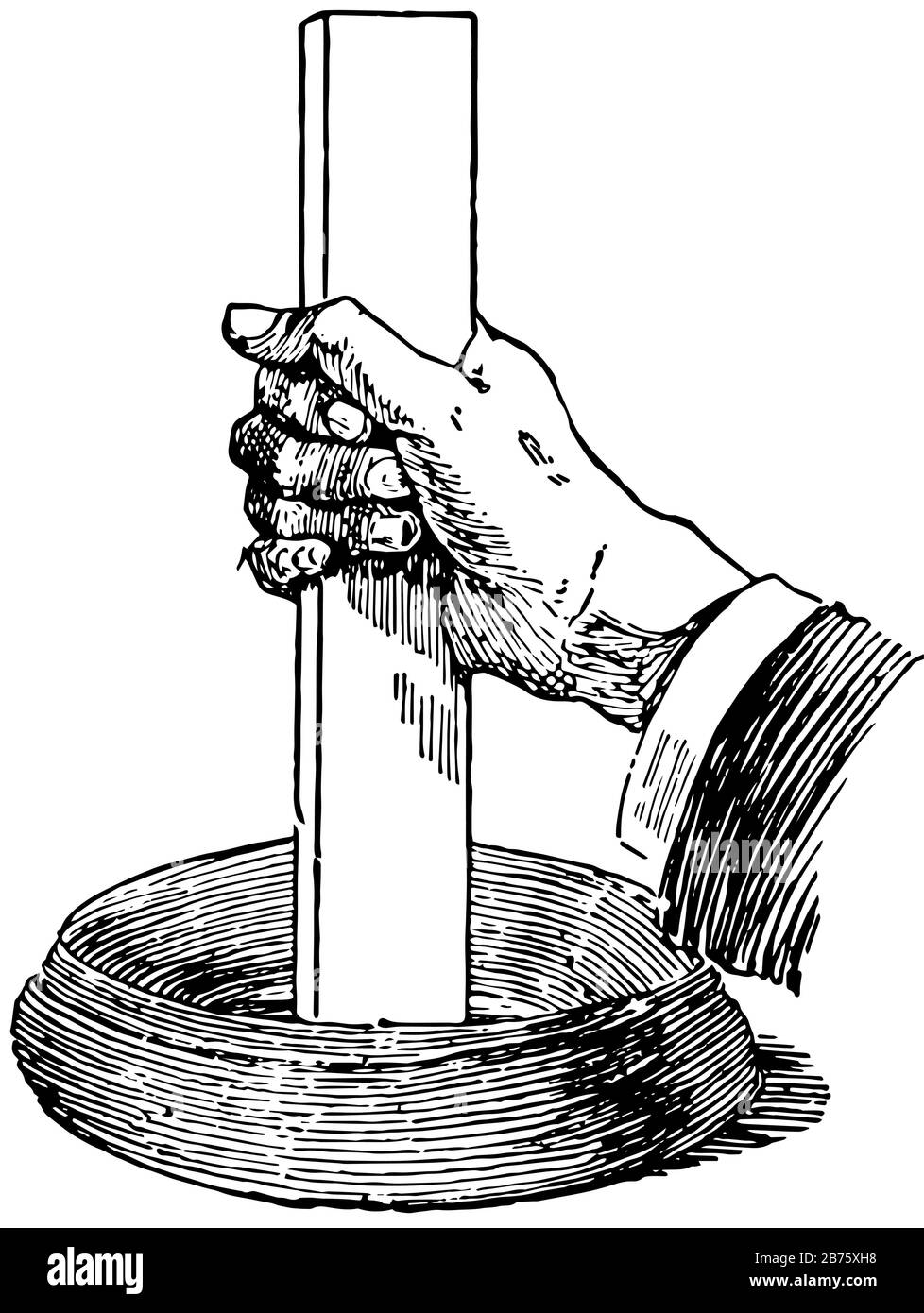 Hand holding a board in this picture, vintage line drawing or engraving ...