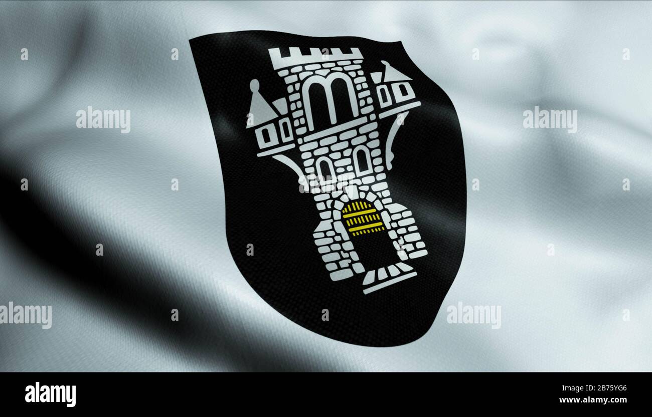 3D Illustration of a waving coat of arms flag of Menden (Germany ...