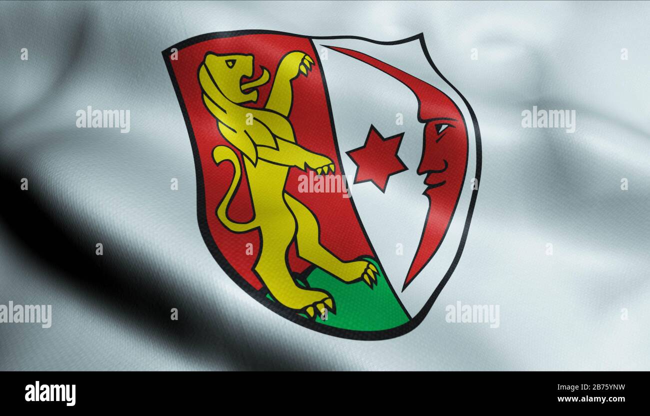 3D Illustration of a waving coat of arms flag of Mengen (Germany ...