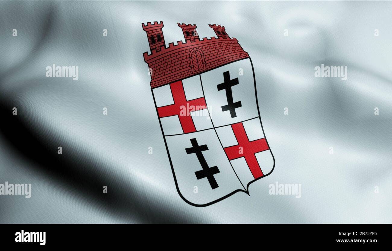 3D Illustration of a waving coat of arms flag of Merzig (Germany ...