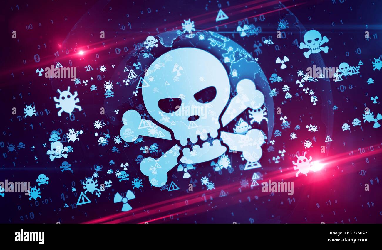 Skull. Cyber crime, hacker attack, virus, computer safety and privacy security symbols on ...
