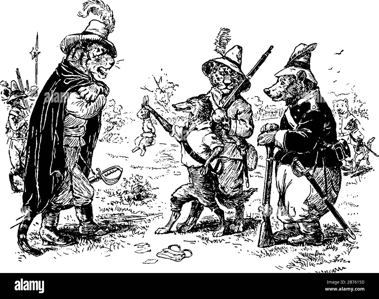 Wolf holding rabbit and showing to the tiger standing in front of him ...