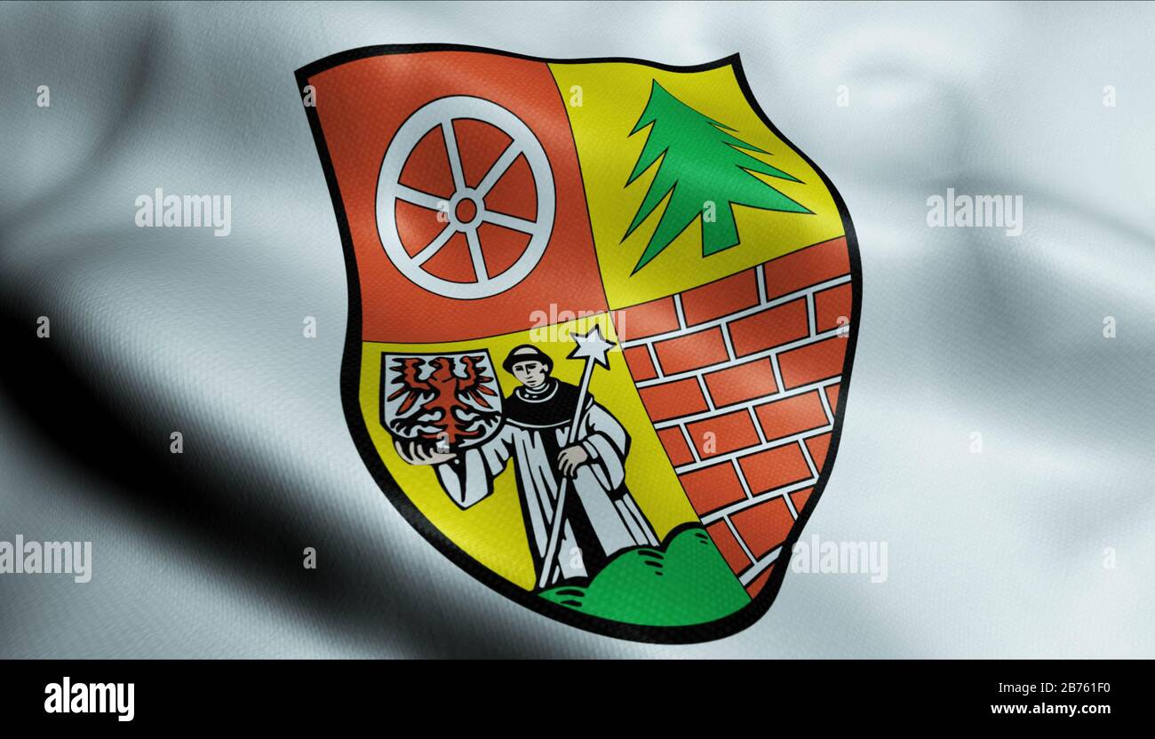 3D Illustration of a waving coat of arms flag of Muncheberg (Germany ...