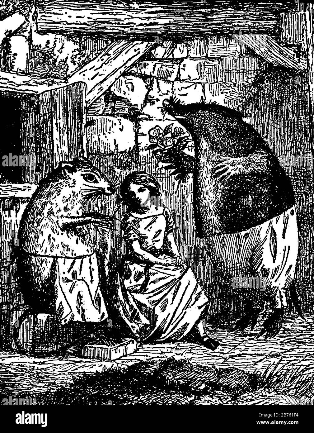 A little girl sitting in between two mice, a mouse holding flowers ...