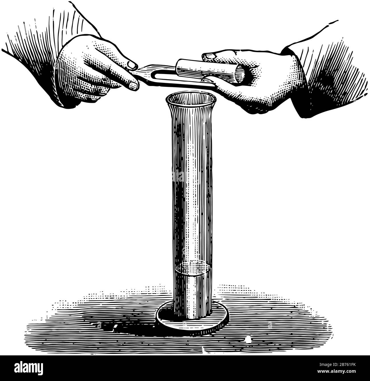Hands holding a tube and tuning fork over a resonator, vintage line ...