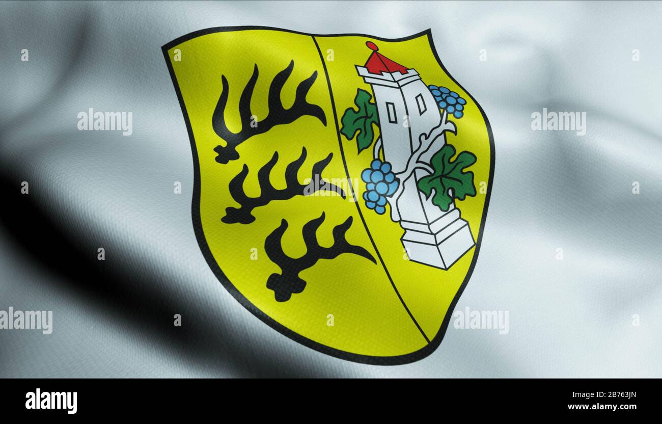 3D Illustration of a waving coat of arms flag of Marbach am Neckar ...