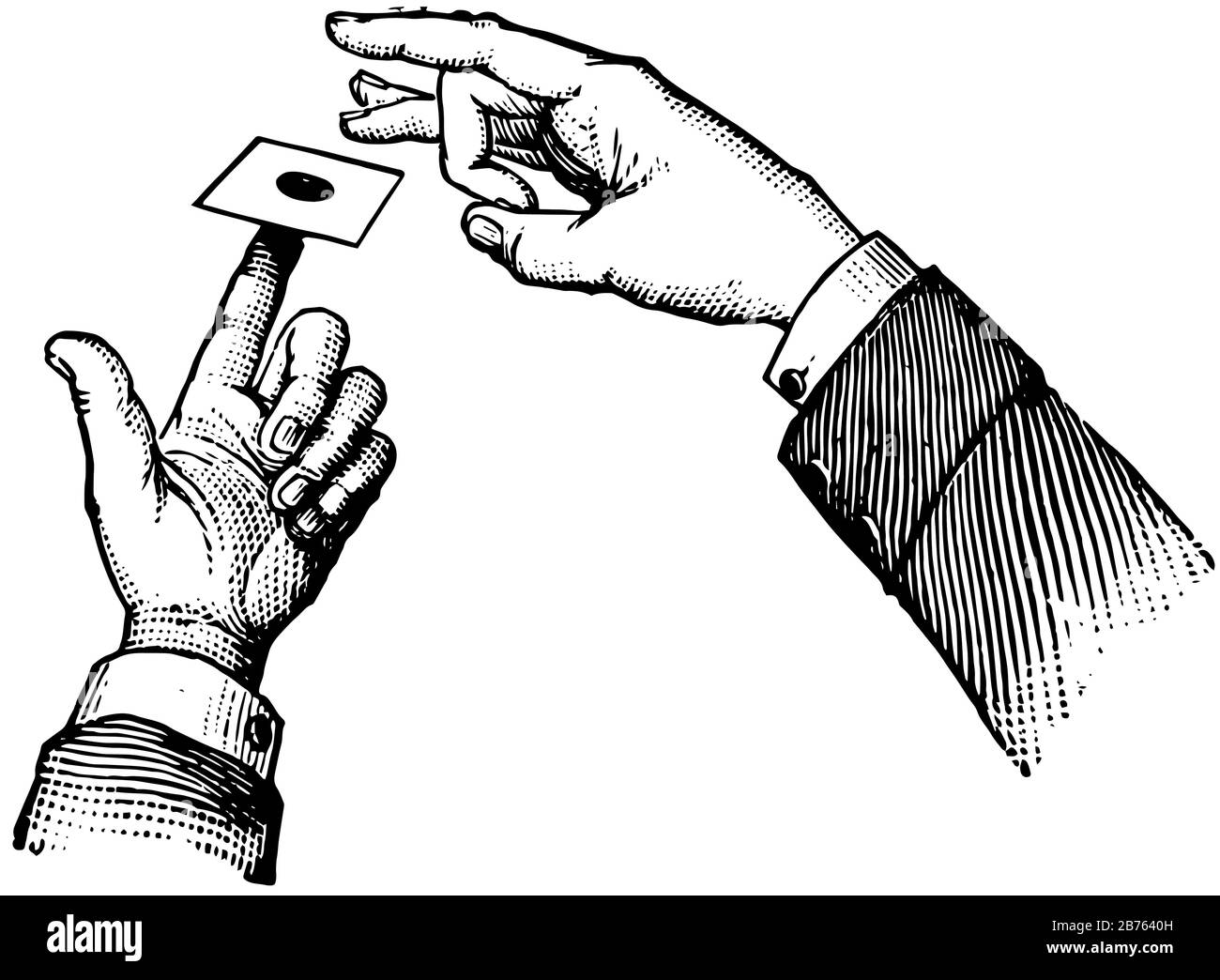 Hands and Card with the other hand poised to flick it off, vintage line ...