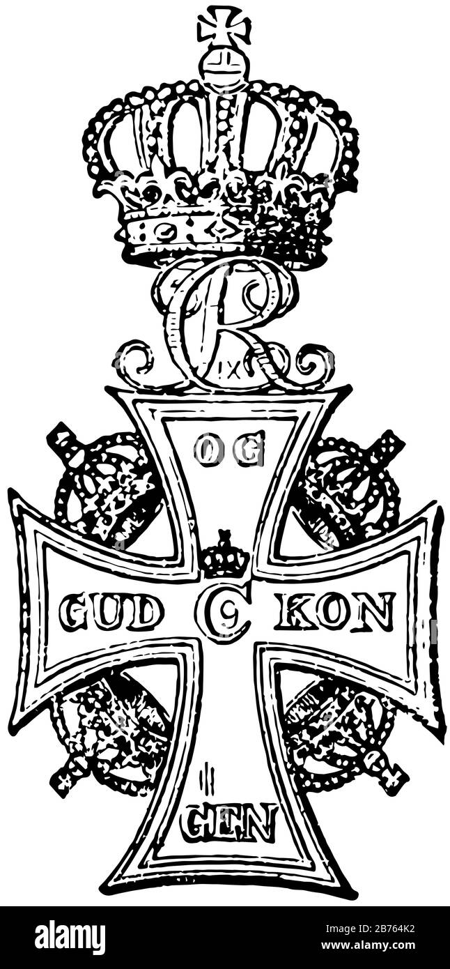 Dannebrog with the royal crown in this pattern, vintage line drawing or ...