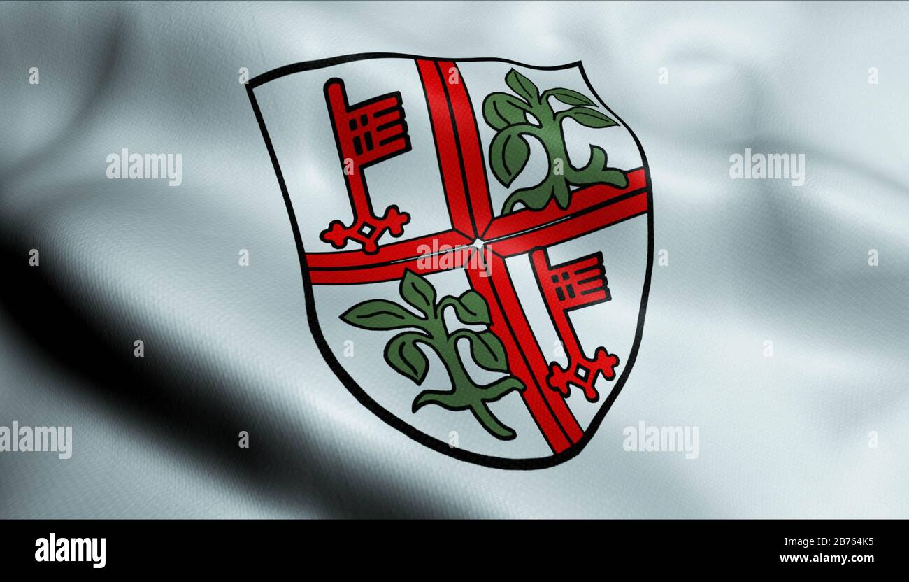 3D Illustration of a waving coat of arms flag of Mayen (Germany country ...