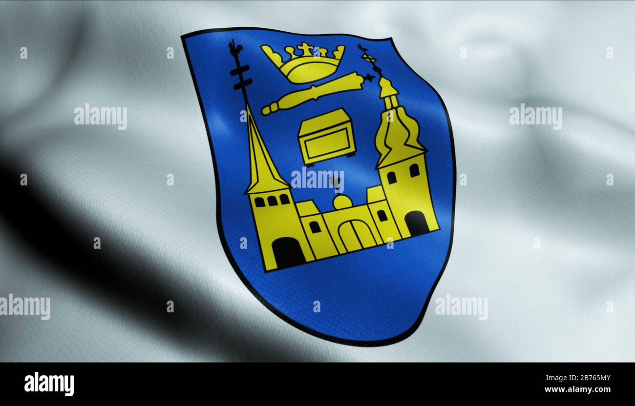 3D Illustration of a waving coat of arms flag of Mettmann (Germany ...