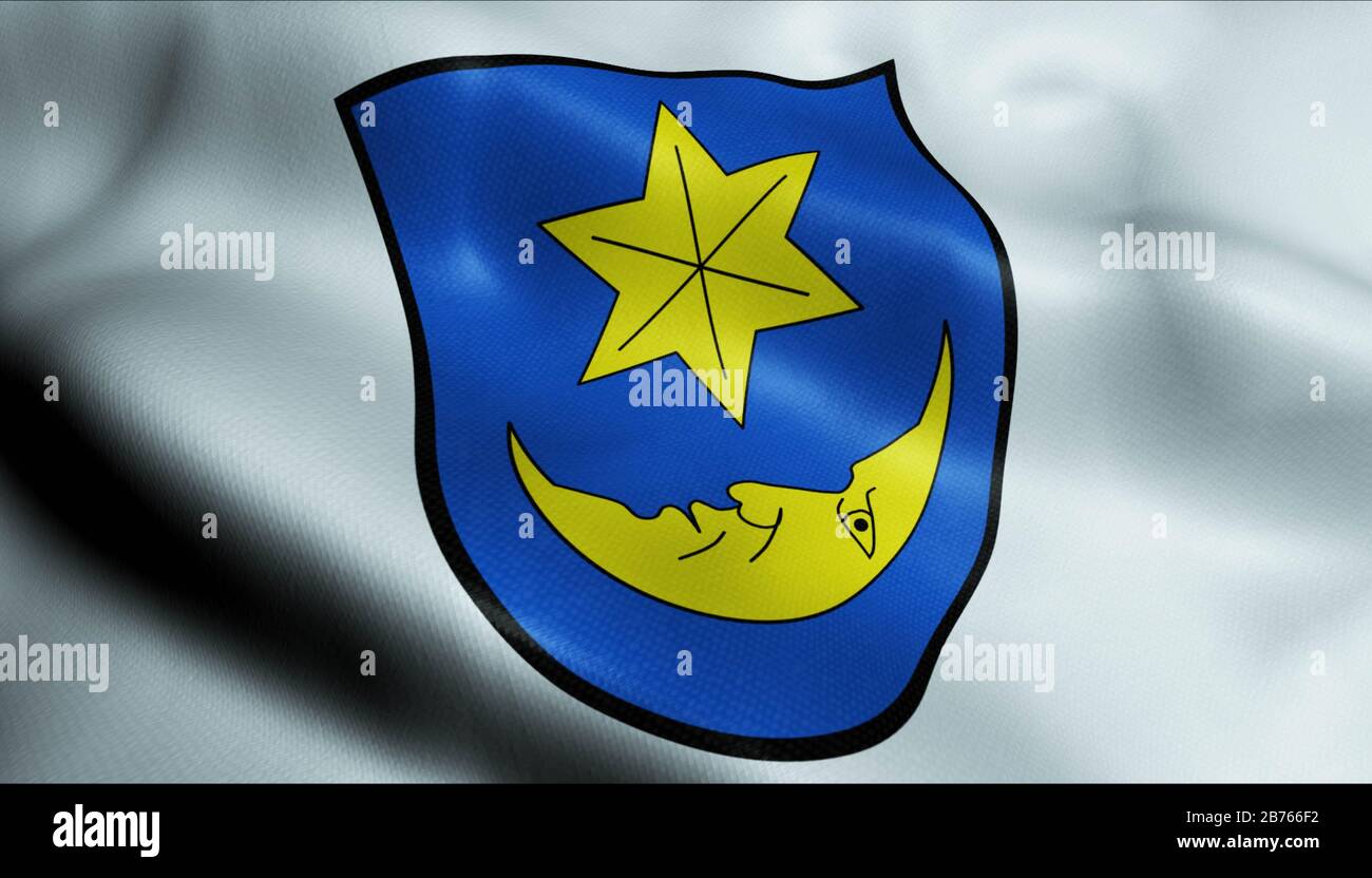 3D Illustration of a waving coat of arms flag of Monheim (Germany ...