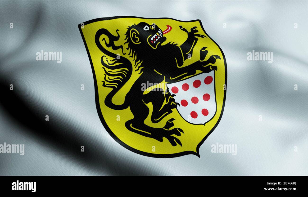 3D Illustration of a waving coat of arms flag of Monschau (Germany ...