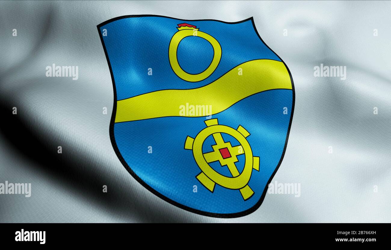 3D Illustration of a waving coat of arms flag of Muhlacker (Germany ...