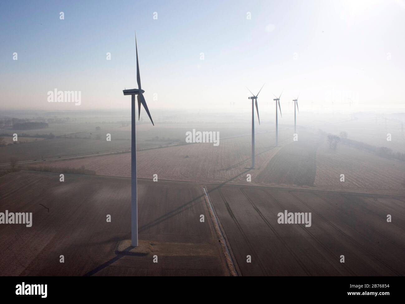 Aerial view of wind turbines in a wind farm in Brandenburg Stock Photo ...