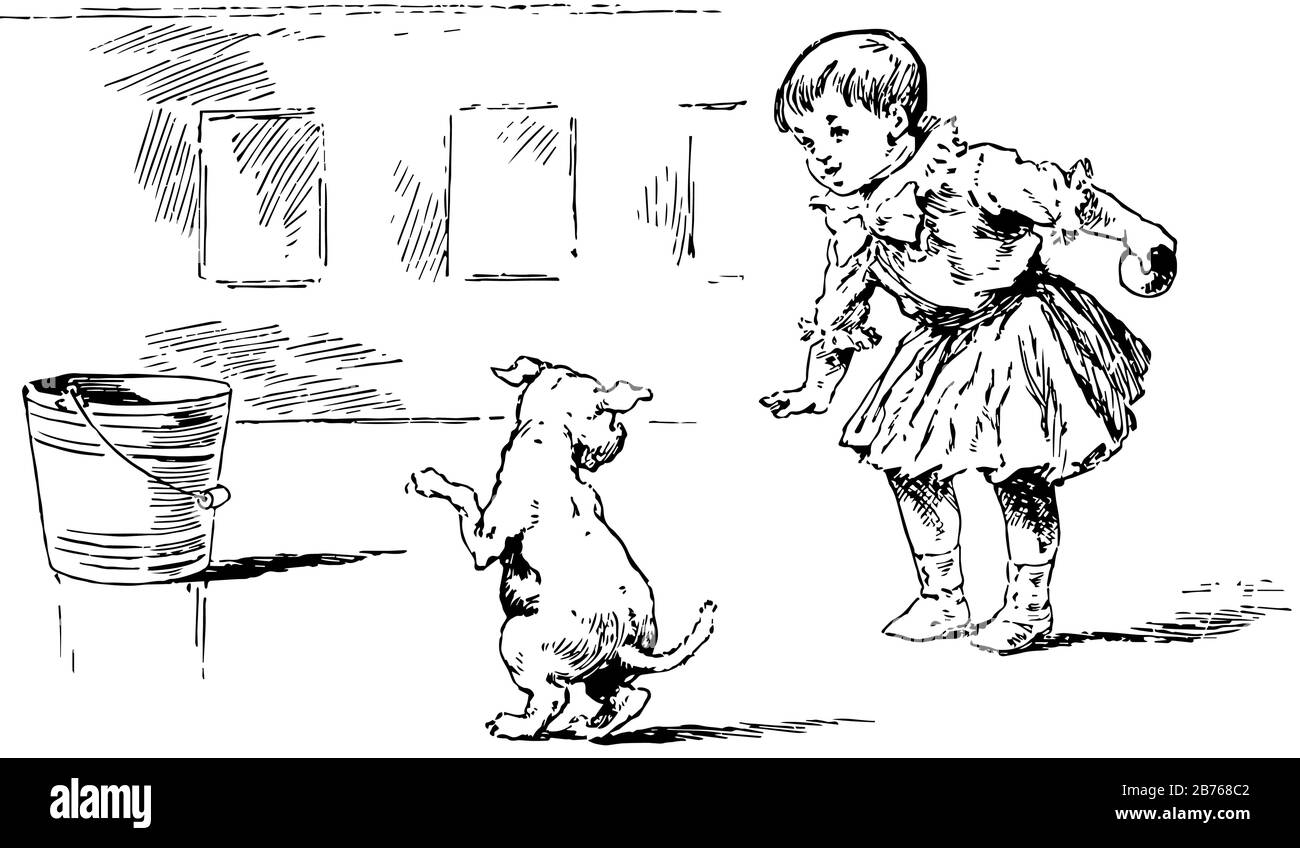 Fetch playing with A child and dog, vintage line drawing or engraving ...